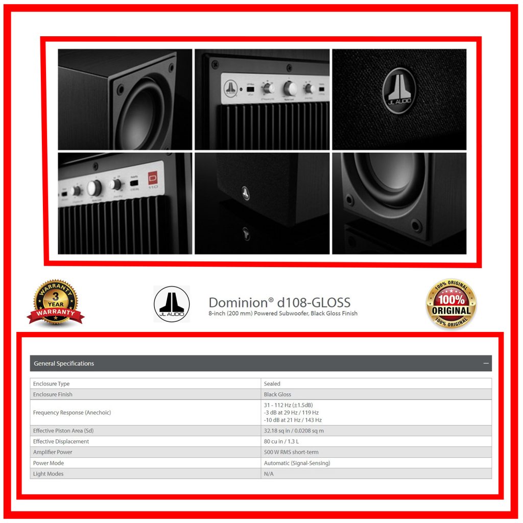 JL Audio Dominion D108 8" Powered Subwoofer (Gloss Black) - Audio Concept