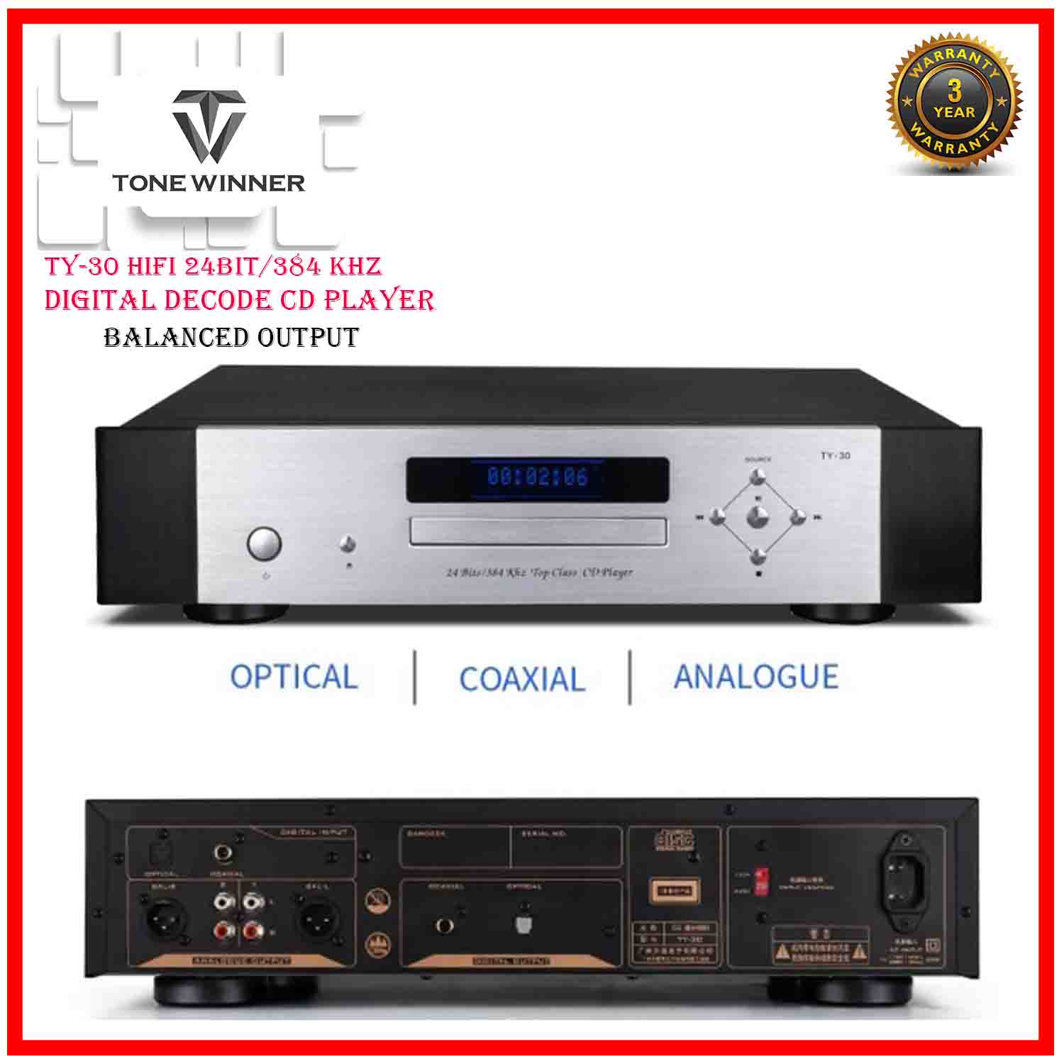 ToneWinner TY-30 HIFI CD Player (Balanced Output,24bit/384KHz Digital ...